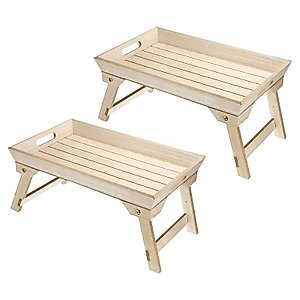 PATIKIL 45x28x22cm Breakfast Tray Table, 2 Pack Bed Trays with Folding Legs Portable Wooden Serving Platter Laptop Snack Desk for Eating, Brown