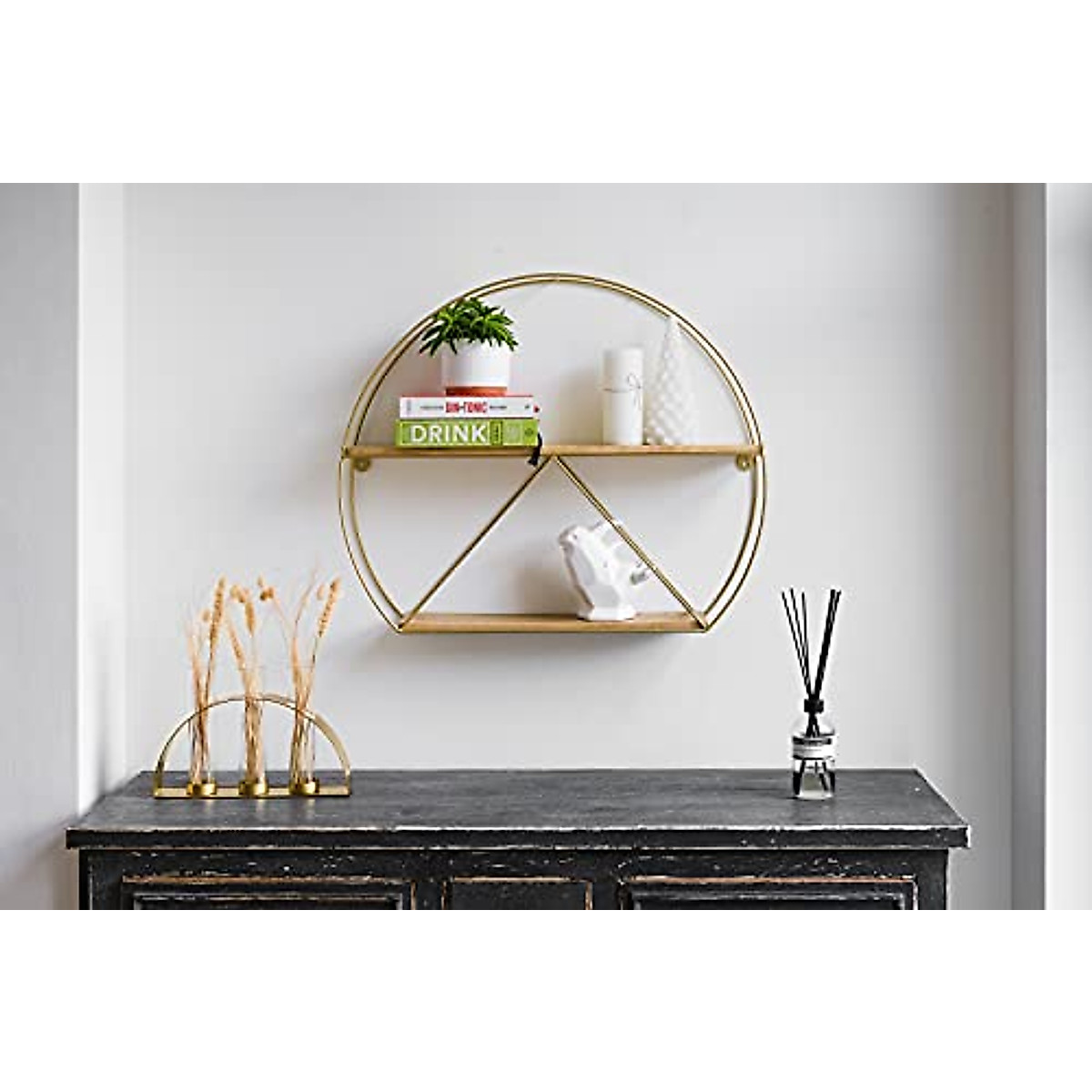 kimisty Gold Round Wall Shelves, Large Circular Floating Shelf for Bathroom, Living Room, Kitchen and Bedroom, Brass Geometric Wall Decor, Metal Sconce Shelf with Mango Wood, Boho Accent Display