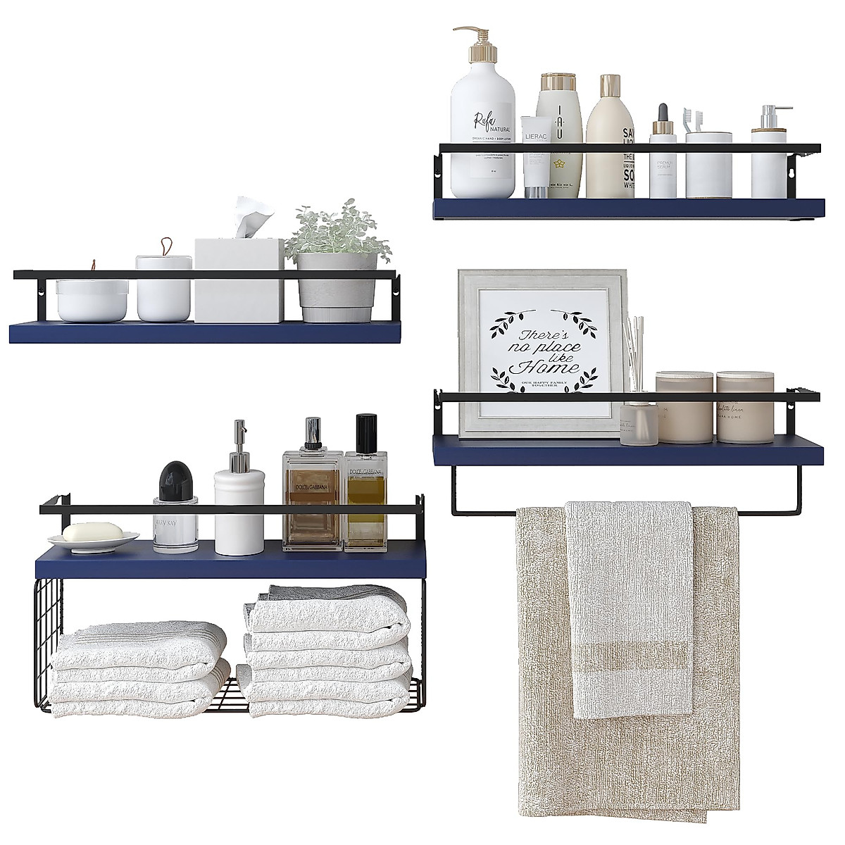 LUDORU Wood Floating Shelves Wall Mounted - 4+1 Tier Rustic Bathroom Wall Shelves Over Toilet with Wire Storage Basket and Towel Bar, set of 4 Farmhouse Floating Shelf for Bathroom, Kitchen,Navy Blue.