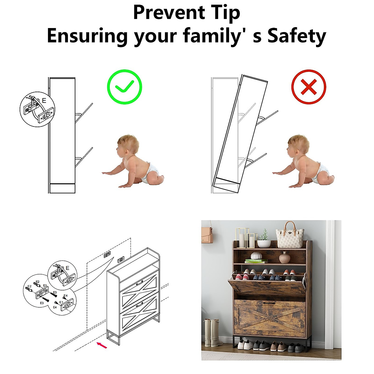 Gyfimioe Rattan Shoe Cabinet with 2 Flip Drawers, Slim Shoe Storage Cabinet for Entryway Freestanding Shoe Organizer Narrow Farmhouse Shoe Rack (Rustic Brown)