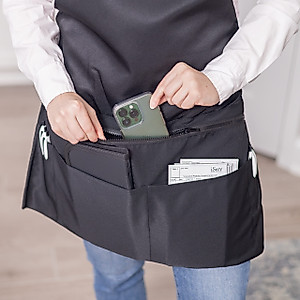 Black Full Length Clip-on Bib Apron with 5 Pockets and Zipper Pouch - Easy to Clean - Great for Servers, Cooking, Kitchen, Cleaning, Teacher, Arts & Crafts, Home. Adjustable 25"-48" waist size.