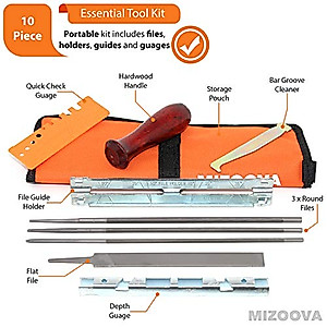 MIZOOVA 10 Piece Chainsaw Sharpener File Kit with 5/32 3/16 7/32 Round Files, 6 Inch Flat File, Depth Gauge, Filing Guide Holder, Hardwood Handle