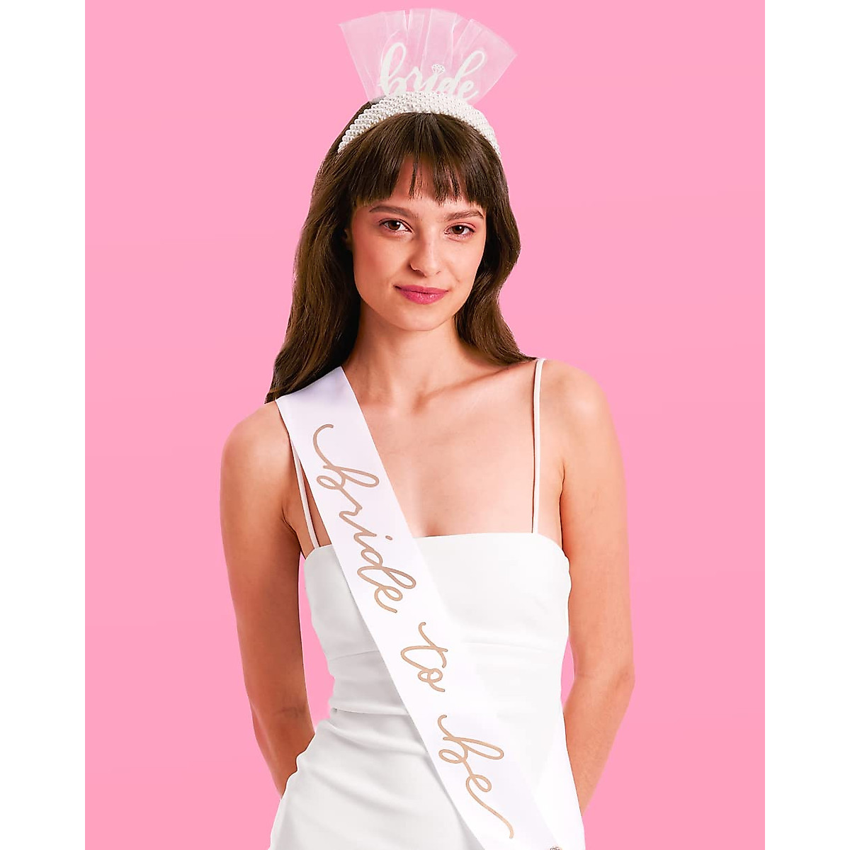 xo, Fetti Bachelorette Party Sash + Bride Headband - White + Rose Gold | Bachelorette Party Decorations Kit - Sash for Bride | Bridal Shower Gift Supplies