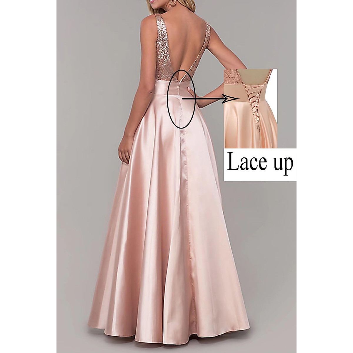 V Neck Prom Dress Sequins Satin Long 2025 New Formal Evening Dresses Ball Gowns for Women with Pockets Rose Gold