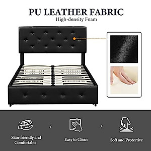 Yaheetech Upholstered Bed Frame with 4 Storage Drawers and Adjustable Headboard, Faux Leather Platform Bed Frame with Mattress Foundation, Strong Wooden Slats Support, No Box Spring Needed, Black-Full