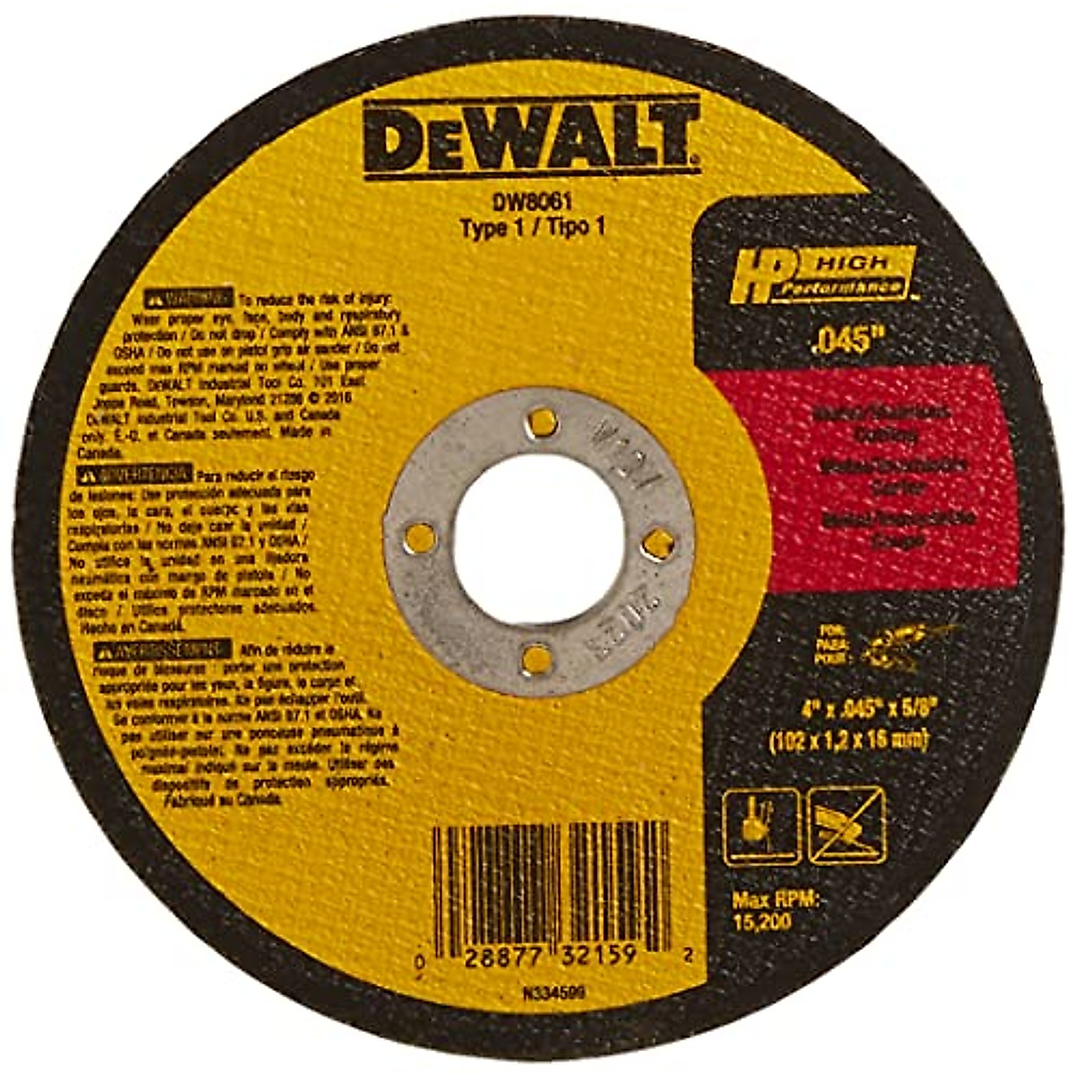DEWALT DW8061 4-Inch by .045-Inch by 5/8-Inch A60T Abrasive Metal/INOX Cutting Wheel
