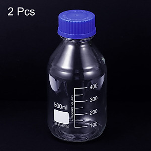 PATIKIL 500mL Reagent Media Bottle, 2Pcs Round Graduated Glass Storage Bottle Blue Screw Cap for Chemistry Lab Universities Home, Clear