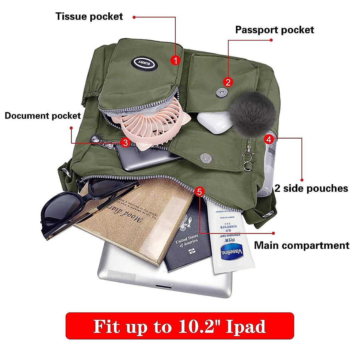 SUKRY Nylon Crossbody Bag for Women with Anti theft RFID Pocket, Waterproof Shoulder Bag Travel Purses and Handbag (Green)