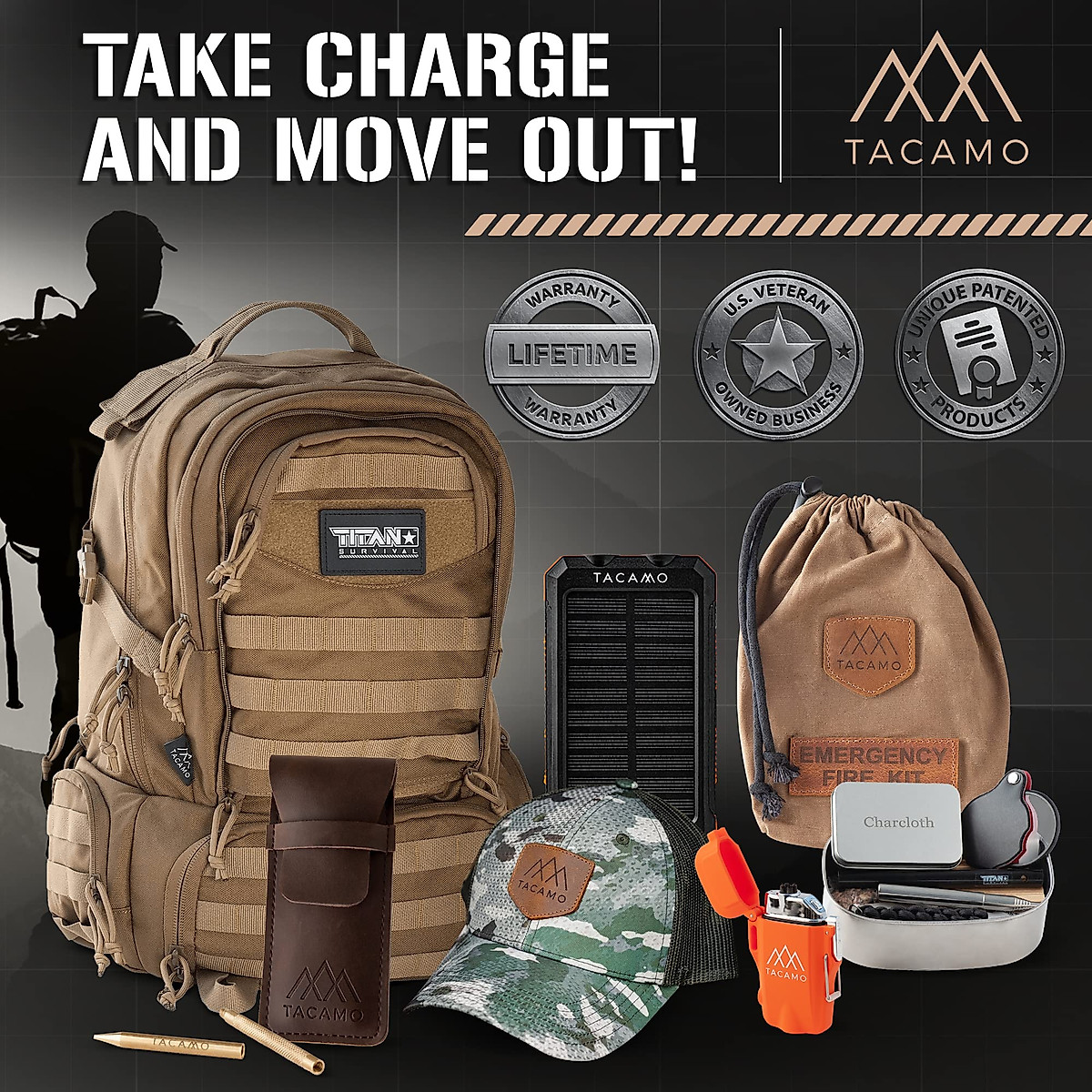 TACAMO Emergency Fire Starting Kit, 15-Piece Waterproof Fire Starter Survival Tool Kit with Ferro Rod, Ferro Rods Striker, Magnifying Lens, Char Cloth, and Fire Tinder for Survival and Camping