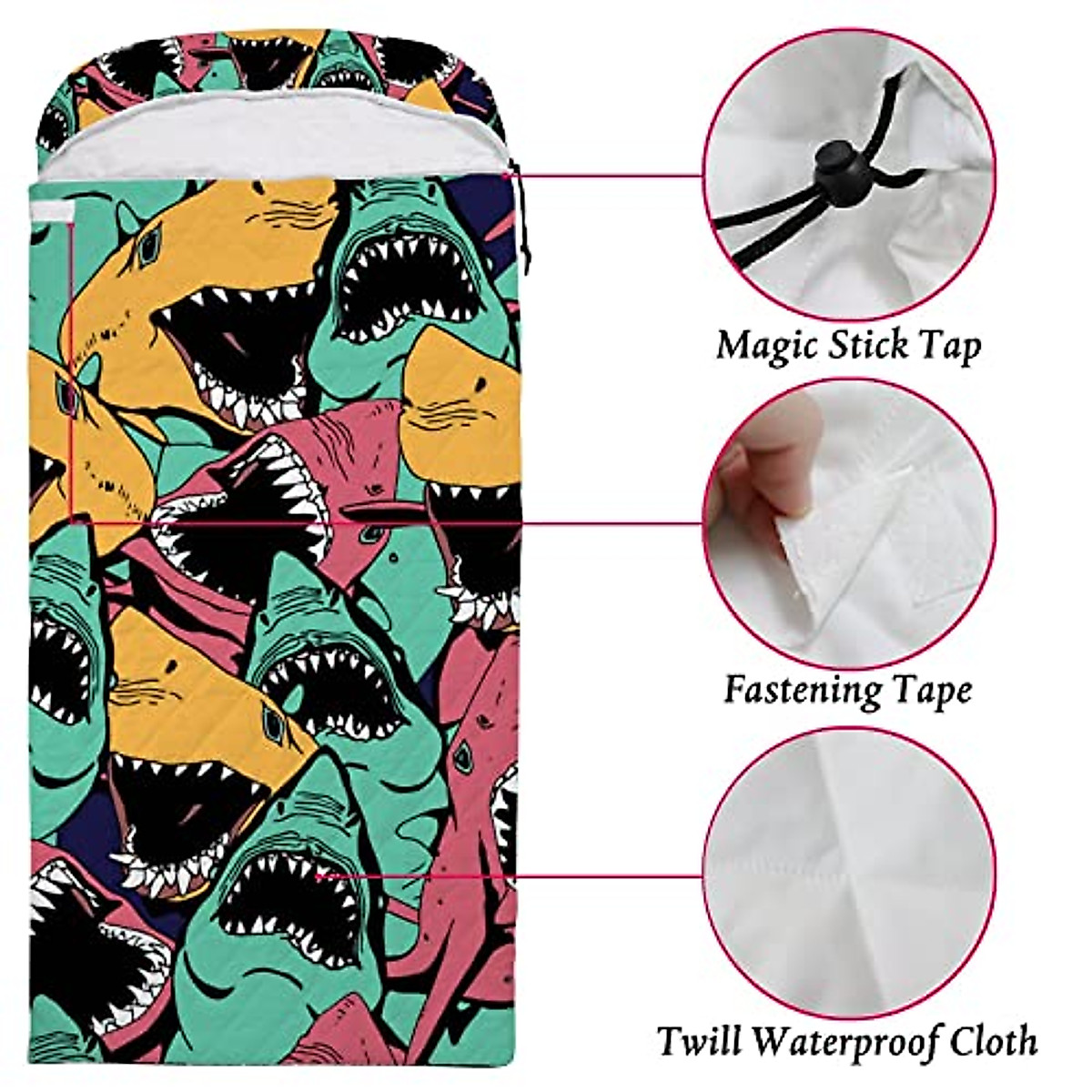 Camping Sleeping Bags for Adults Doddle Angry Shark Sealife 3 Season Cold Weather Sleeping Bag Waterproof Sleeping Nap Mat for Girls Boys Hiking Travel Outdoor