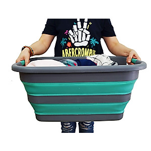 SAMMART 41L Set of 2 Collapsible Plastic Laundry Basket - Foldable Pop Up Storage Container/Organizer - Portable Washing Tub - Space Saving Hamper/Basket (2, Grey/Turquoise Blue)