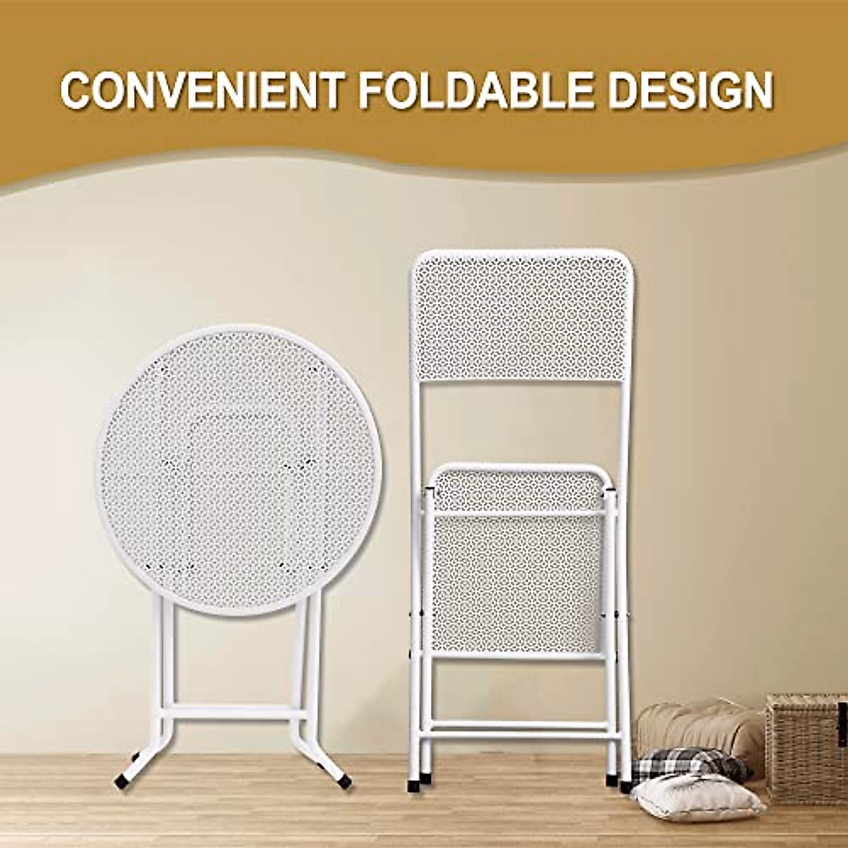 MEMAEMO 3-Piece Patio Bistro Set, Metal Folding Outdoor Patio Furniture Sets, Stainless Steel Patio Conversation Set with Folding Patio Round Table and Chairs for Yard, Garden or Balcony, White