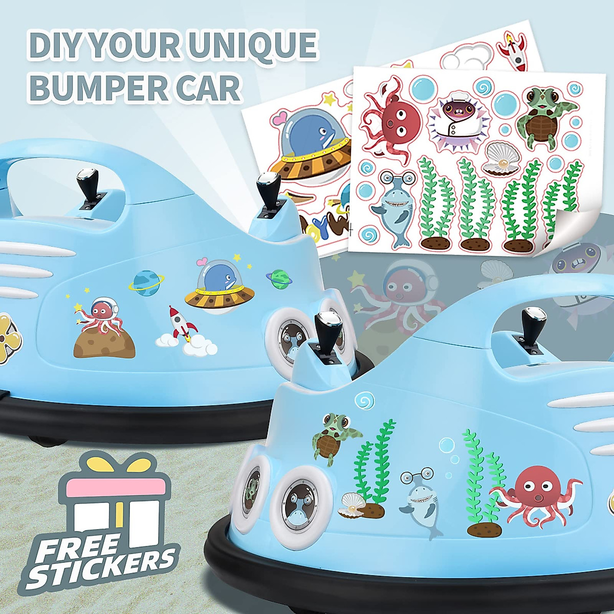 Joywhale 12V Kids Ride on Bumper Car Race Toy Electric Battle Vehicle, with 360° Spin, Adjustable Speed, Remote Control, Flashing Lights, Music, Exquisite DIY Sticker, Portable Handle, Blue