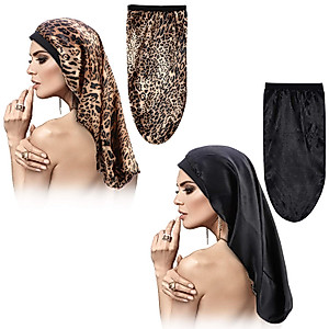 2 Pieces Sleeping Bonnet for Braids, Long Satin Bonnet Sleep Cap Soft Elastic Band Loose Cap Bonnets for Long Hair, Braids, Dreadlocks, Curly Hair (Leopard Print)