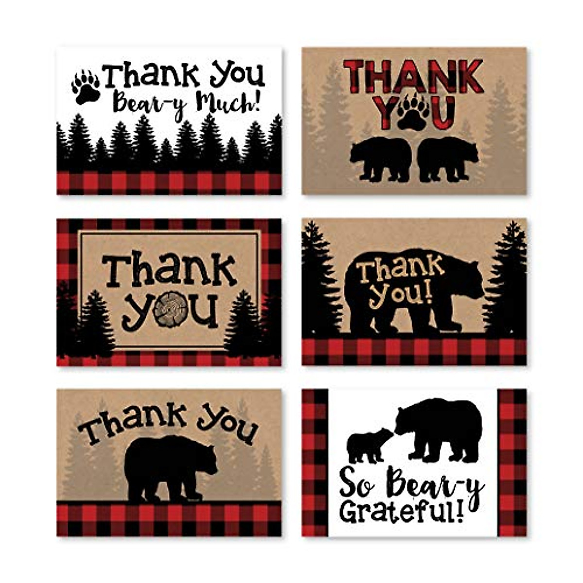 24 Bear Lumberjack Thank You Cards With Envelopes, Kids or Baby Shower Thank You Note, Rustic Zoo Animal 4x6 Varied Gratitude Card Pack For Party, Girl Boy Children Birthday, Modern Event Stationery