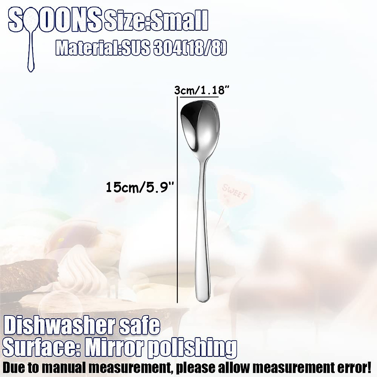 Wenkoni Small Ice Cream Spoons, Dessert Spoons,Shovel Cake Spoons 18/8 (SUS 304) Stainless Steel 5.9inch spoons,5 pcs Set