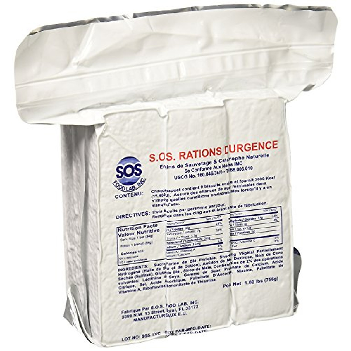 S.O.S. Rations Emergency 3600 Calorie Food Bar - 3 Day / 72 Hour Package with 5 Year Shelf Life Net wt. 1.60lbs (756g)