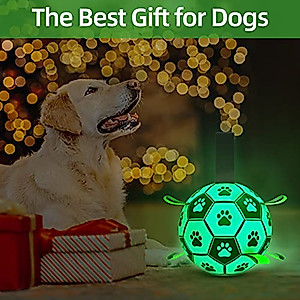 QDAN Glow in The Dark Dog Toys Soccer Ball with Straps, Interactive Dog Toys Puppy Birthday Gifts, Dog Tug Water Toy, Indoor/Outdoor Light Up Dog Balls for Small & Medium Dogs（8 Inch Size 3）