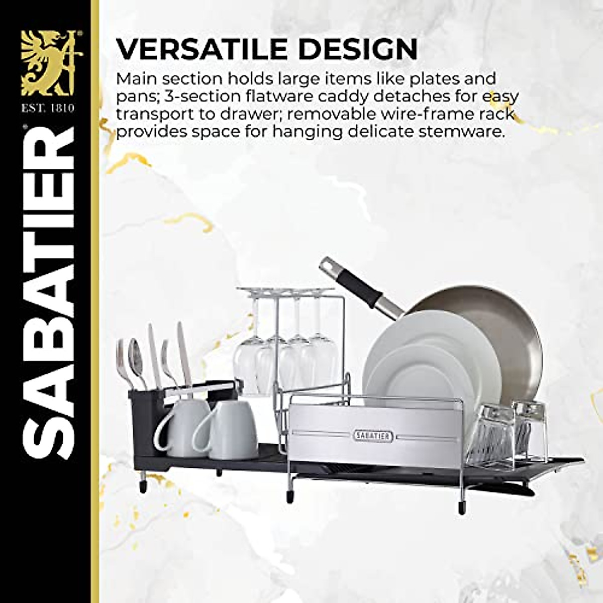 Sabatier Expandable Stainless Steel Dish Rack with Rust-Resistant Soft Coated Wires and Bi-Directional Spout, Gray/Black