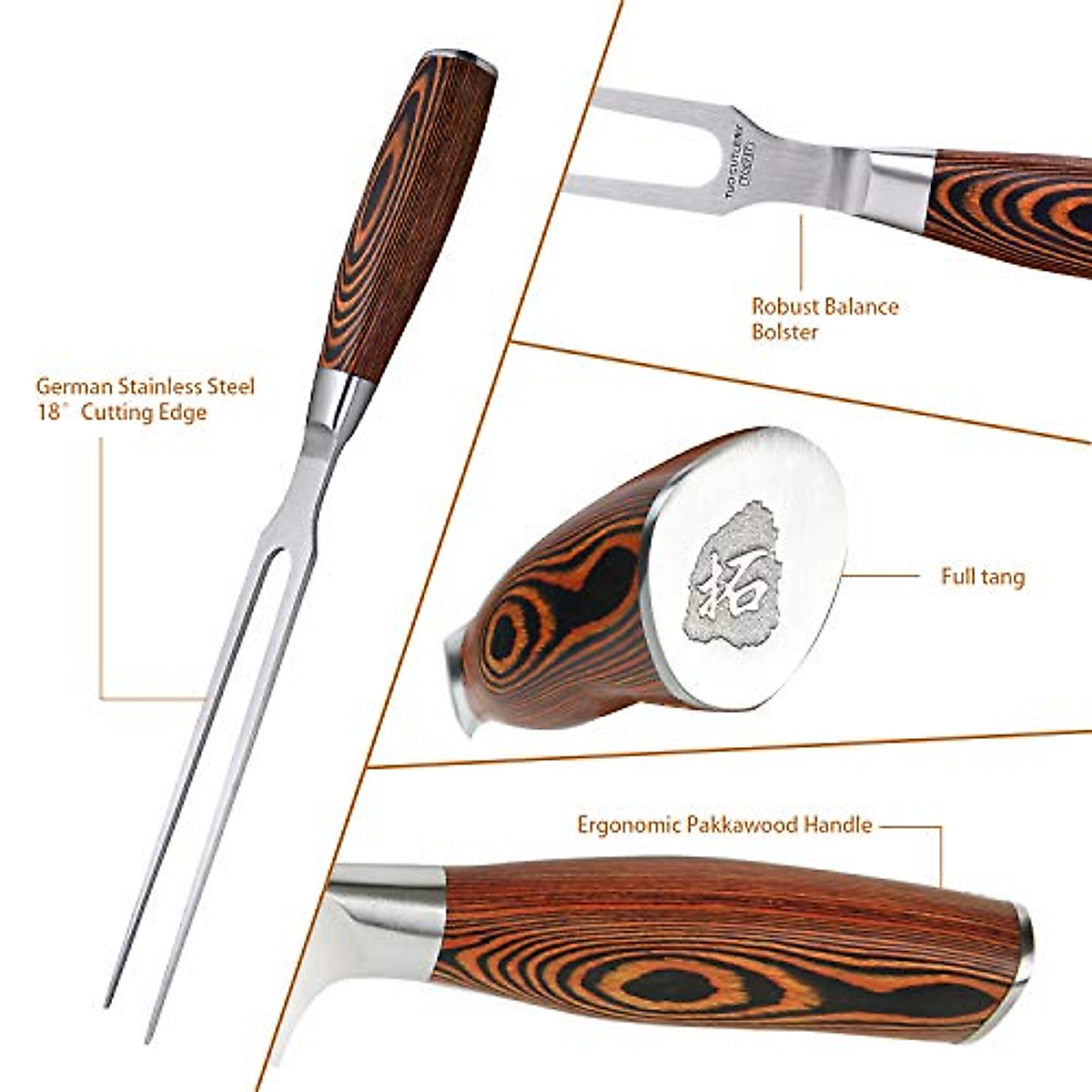TUO Carving Fork - 7 inch Sharp Meat Fork Barbecue Forks Meat Cooking Fork for Roast Poultry & BBQ Party - German Stainless Steel & Ergonomic Pakkawood Handle - Fiery Series Gift Box Included