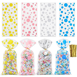 Polka Dot Cellophane Bags, 100pcs Clear Treat Bags, Plastic Christmas Cello Bags Sweets Bags with 100 Twist Ties for Goodie, Cookies, Nut, Gift Wrap, Wedding Birthday Party Favor Supplies (4 Pattern)