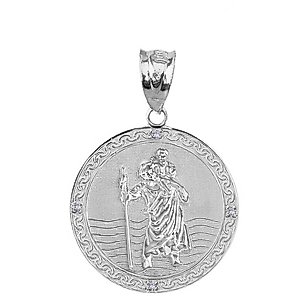 Solid 10k White Gold Saint Christopher Diamond Round Medal Pendant (1.16")