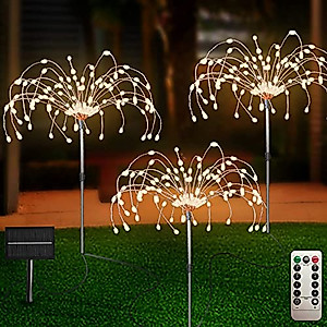 Outdoor Solar Garden Lights 3 Pack, 120 LED Copper Wire Light with Remote, 8 Lighting Modes Decorative Stake Landscape Light DIY Solar Firework Light for Garden Pathway Party Decor (Warm)