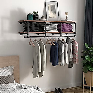 TEDIDUWA 60In Industrial Pipe Clothing Rack with Top Shelf, Space-Saving Wall Mounted Clothes Rack 2 Tiers Pipe Shelves, Shelf with Hanging Rod for Laundry Room, Closet Storage