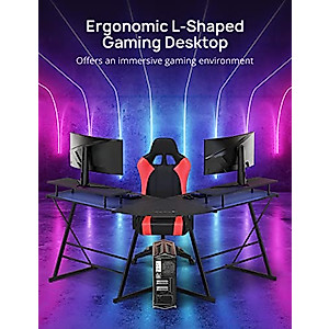 Evajoy Gaming Desk, L Shaped Computer Corner Desk, 53" Ergonomic Gaming Table with Monitor Stands, PC Desk with LED Strips and Power Outlets, Carbon Fiber Surface with Cup Holder, Headphone Hook