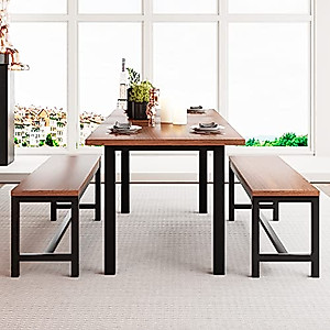 Feonase 3-Piece 63" XL Large Dining Room Table Set for 4-8 People, Extendable Kitchen Table Set with 2 Benches, Metal Frame and Solid MDF Wood Board, Easy Assembly, Walnut