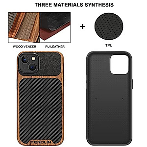 TENDLIN Compatible with iPhone 14 Plus Case Wood Grain with Carbon Fiber Texture Design Leather Hybrid Slim Case Black