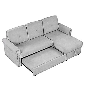 ERYE L-Shaped Pull Out Sleeper Couch Bed Velvet Tufted Upholstered Convertible Reversible Sleep Sectional Sofa with PullOut Sofabed for Living Room