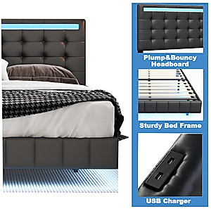 Merax Modern Tufted Floating Plattform Bed with LED Lights and USB Charging, Queen Bed Frame with Headboard, No Box Spring Needed, Black