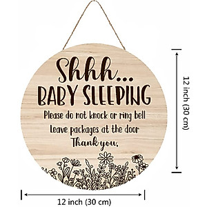 Shhh... Baby Sleeping Hanging Sign Plaque, Do Not Knock Or Ring The Bell, Round Sturdy Wooden Door Hanger for Baby Room, Nursery, Kindergarten, Bedroom, Door Knob Decor 12In