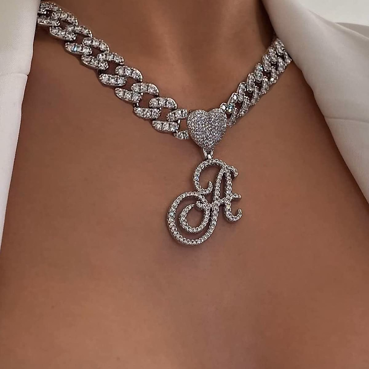 BLBLJERY A Initial Necklaces Silver Cuban Link Chain for Women Iced Out Chain with Heart Letter Pendants Custom Chain Name Necklace Hip Hop Jewelry Gift