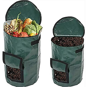 Garden Compost Bag, Outdoor Compost, Reusable Garden Waste Bag with Lid, Collapsible Leaf Lawn Bags (2 Pack 15 Gallon/34 Gallon Multifunction Gardening Container) Green