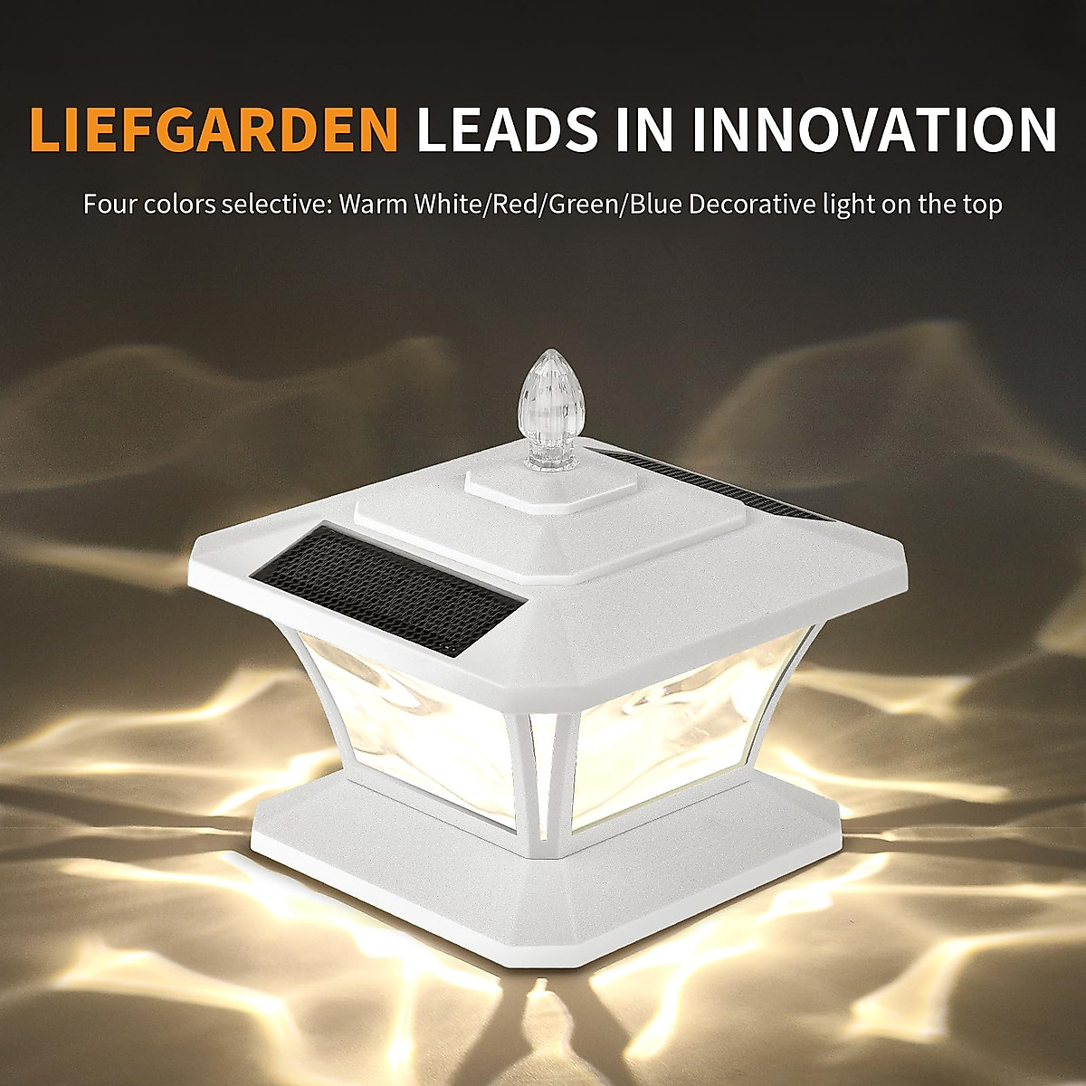 LIEFGARDEN White Solar Post Cap Lights Warm White/Red/Green/Blue 4 Lighting Mode, 15 Lumens 1000mAh Battery IP54 Waterproof, Fits 3.5x3.5 4x4 4.5x4.5 5x5 Fence Post Lights Solar Powered (2 Pack)