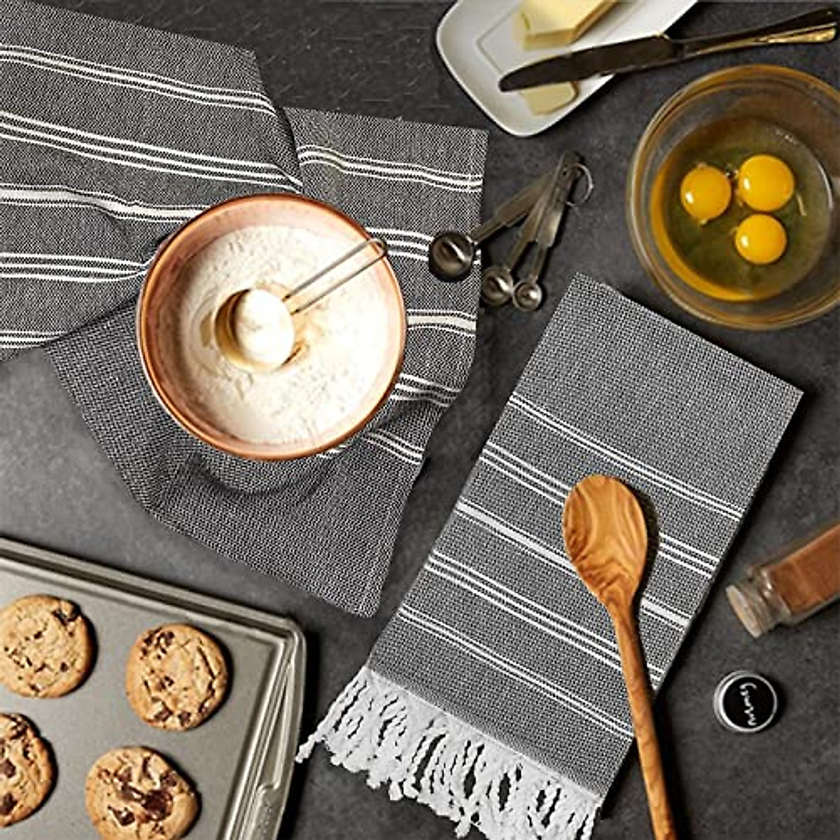 cabanana Cotton Turkish Hand Towel - Set of 2 | Boho Kitchen Tea Towels, 30 x 20 Inches Thin Decorative Bathroom Towel (Black)