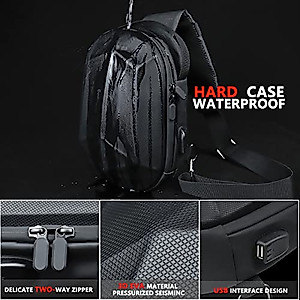 Wzsipod Small Hard Shell Sling Bag for Men Women, Crossbody Backpack Bag for Teenager, One Strap Chest Bags for Men, Lightweight Quest 2 Case With USB-A Charger Port for Daily Cycling Hiking (Black)