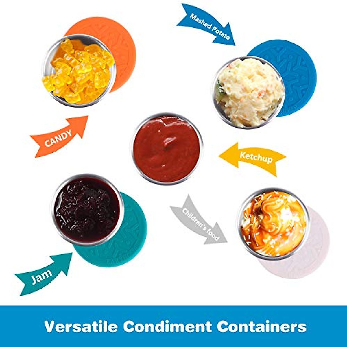 Salad Dressing Container To Go, 4x1.6oz Stainless Steel Condiment Containers with Lids, Premium Silicone, Leakproof and Reusable Small Containers with Lids