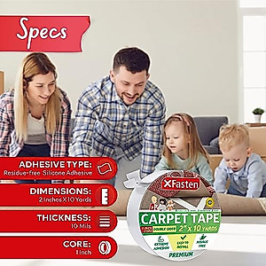 XFasten Double Sided Carpet Tape for Area Rugs 2 Inch x 10 Yards 1” Core Residue-Free Carpet Double Sided Rug Tape for Laminate Floors, Rug Tape Gripper for Carpet, Tape for Hardwood Floors