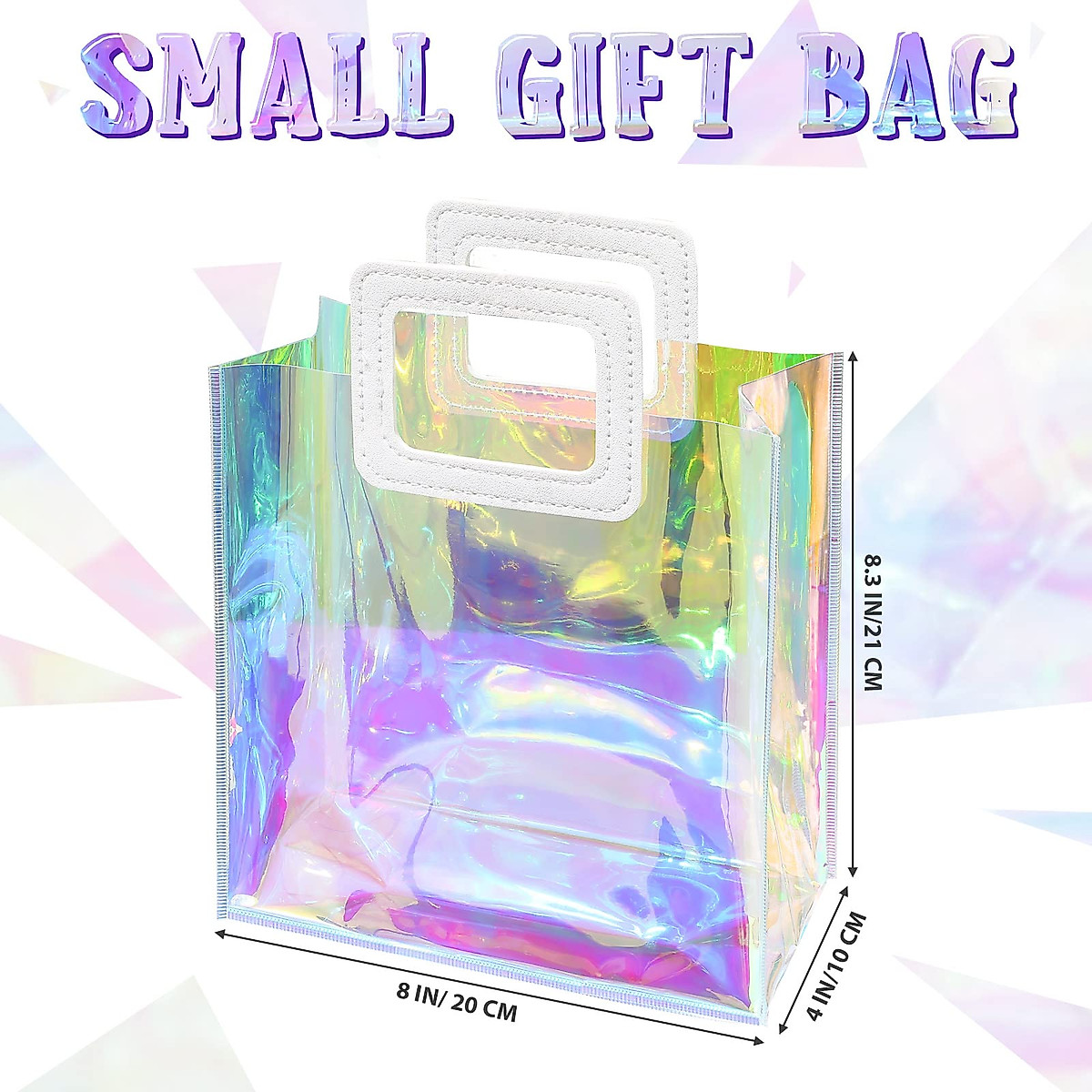 Saintrygo 4 Pcs Valentine's Day Small Gift Bags Holographic Iridescent Bags Clear Reusable Gift Tote Bags PVC Wrap Bag for Valentine's Day Bridal Baby Shower Birthday Wedding Party(8.3 x 8 x 4 Inch)
