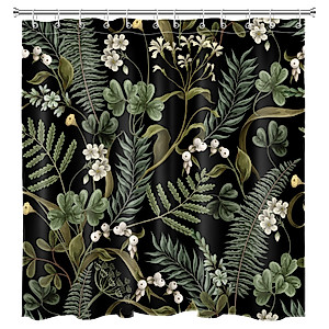 EOBTAIN Green Leaf Shower Curtain for Bathroom Vintage Floral and Fern Plant Leaves on Black Fabric Shower Curtain with 12 Hooks Boho Botanical Bathroom Curtains Shower Set 72x72 Inch