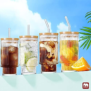 GMISUN Glass Cups with Lids and Straws, Iced Coffee Cups with Lids, Ribbed Glassware, Drinking Glasses with Bamboo Lids, Cocktail Glasses Vintage Glassware 12oz for Cocktail, Gift