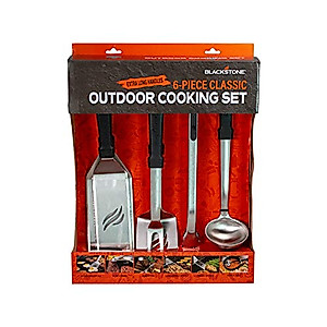 Blackstone 5051 Griddle Accessories Set Heat Resistant 6 Piece Stainless Steel Outdoor Indoor Grilling Utensils Hibachi Tools Kit-16, 16 Inch Tongs, Fork, 16” Ladle, 2 Extra-Long Spatula