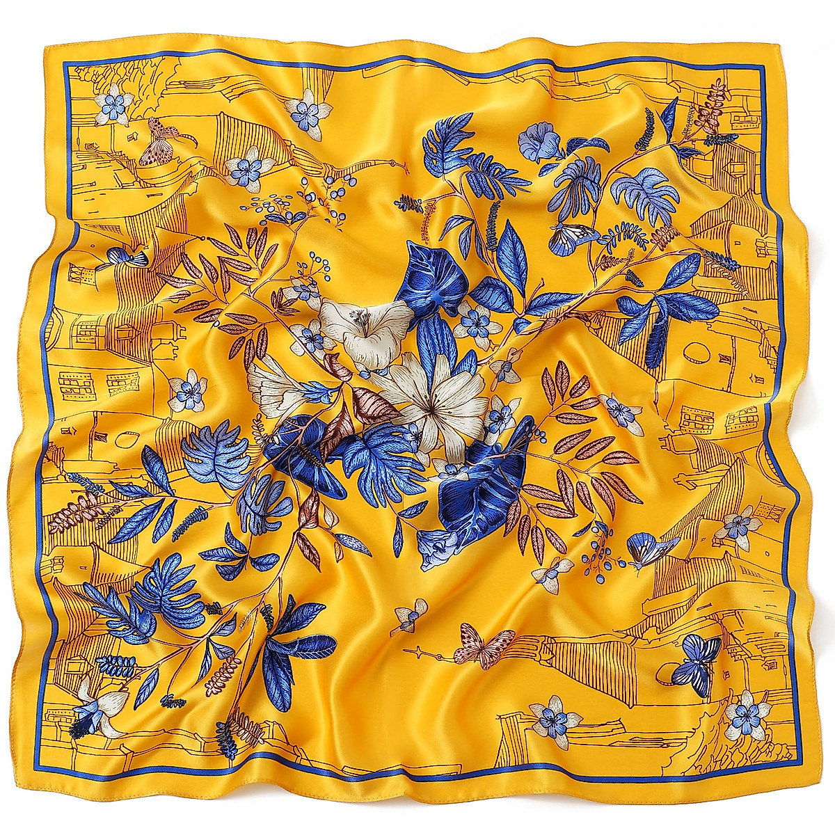 STARWHISPER 100% Pure Mulberry Silk Square Scarf-27''x27 Lightweight Neckerchief Hair Scarves Headscarf Night Sleeping with Gift Packed (Yellow Blue morning glory)