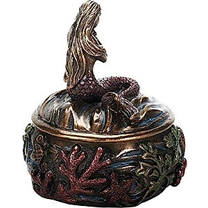 SUMMIT COLLECTION Decorative Art Nouveau Style Sirens of The Sea Mermaid Holding Hand Over Chest Praying Mermaid Fantasy Resin Jewelry Trinket Box 3.25 Inch Tall Faux Bronze