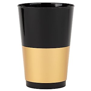 PLASTICPRO Disposable 12 oz Black Plastic Tumblers With Gold Band for Party's & Weddings pack of 40