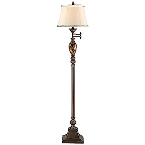 kathy ireland Mulholland Rustic Vintage Swing Arm Floor Lamp Standing 61" Tall Bronze Marble Font Ivory Faux Silk Drum Shade Decor for Living Room Reading House Bedroom Home Family Office
