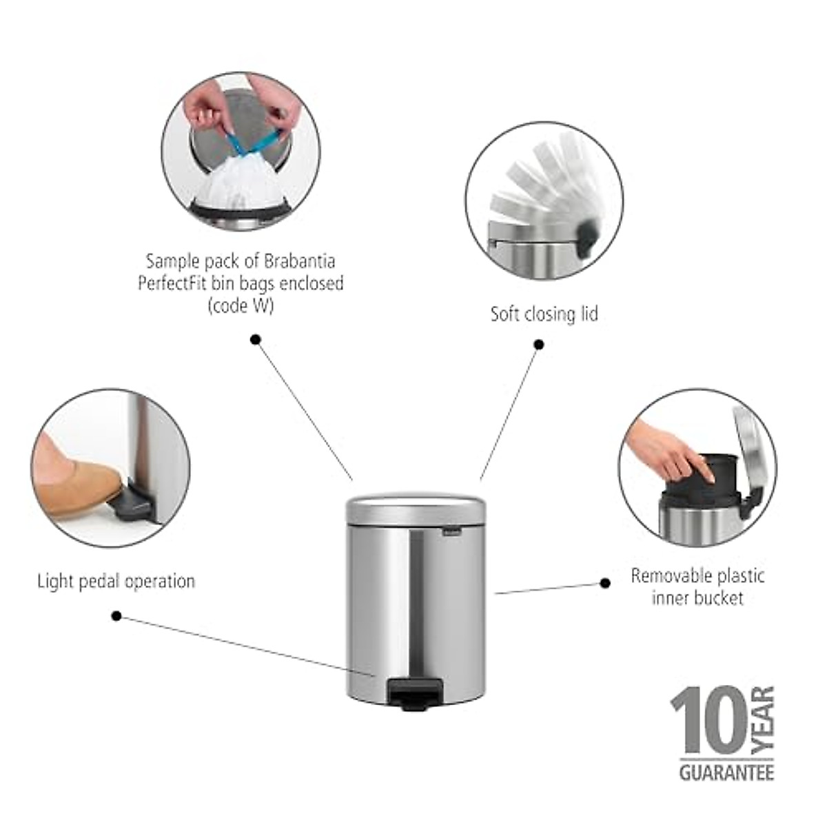 Brabantia New Icon Step Trash Can (1.3 Gal/Matt Steel FPP) Soft Closing Kitchen Garbage/Recycling Can with Removable Bucket